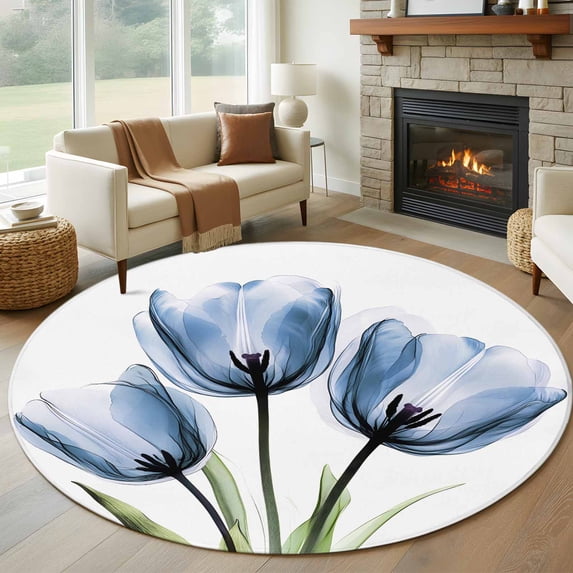 Blue Tulips Round Area Rug 5 FT, Non Slip Bedroom Rugs, Country Retro ...
