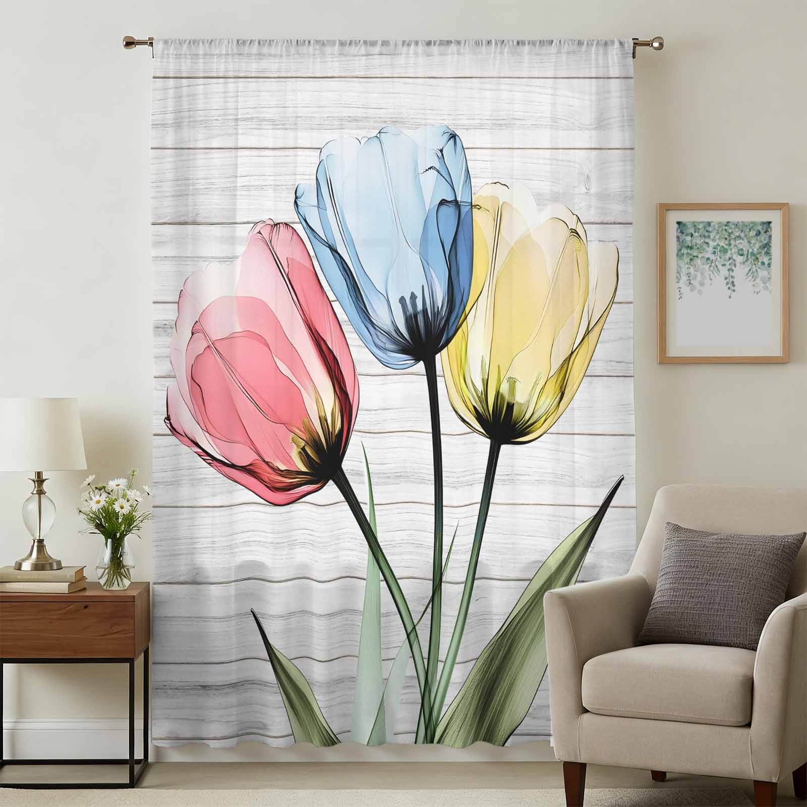 Blue Tulips Sheer Curtains 45 Inches Long, Rustic Red Yellow Floral ...