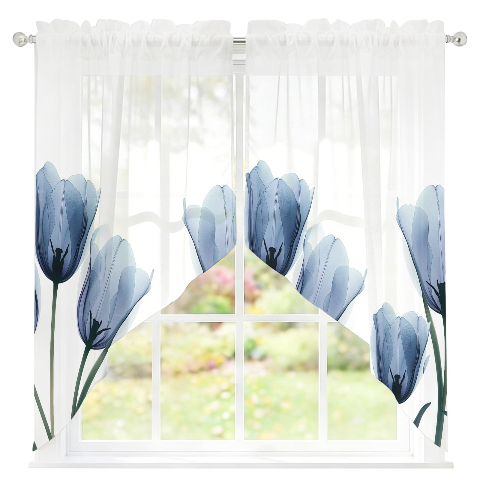 Blue Tulips Sheer Curtains Swag Valances for Windows Flowers Minimalist ...