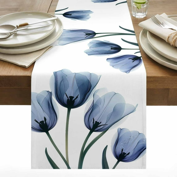 Blue Tulips Table Runner 13x72 inch Flowers Minimalist Modern Art ...