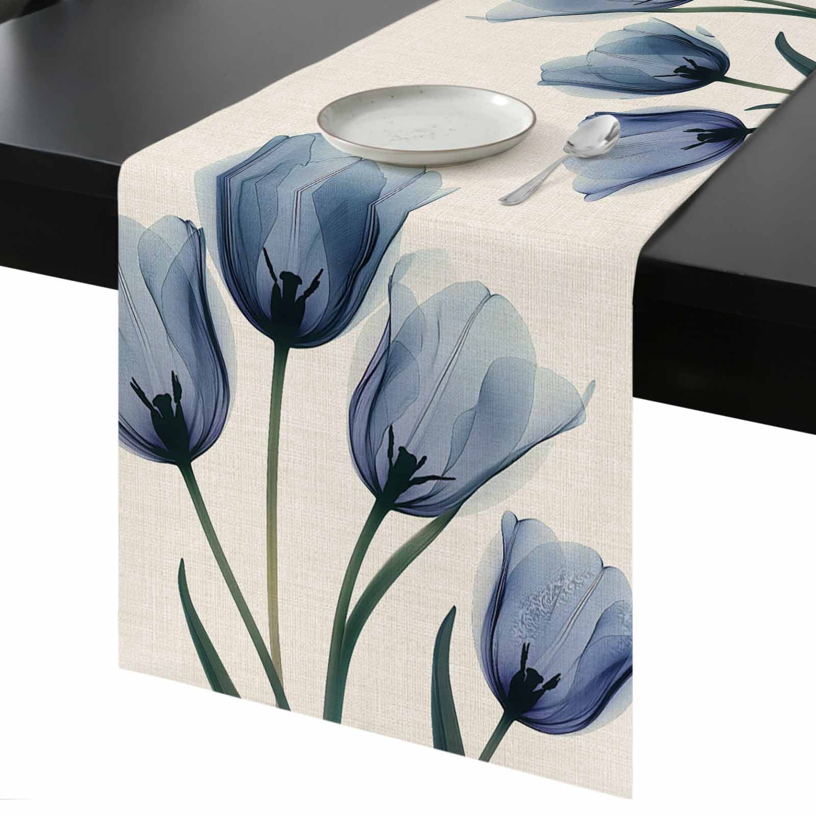 Blue Tulips Table Runner 13x90 Inch Flowers Minimalist Modern Art Linen ...