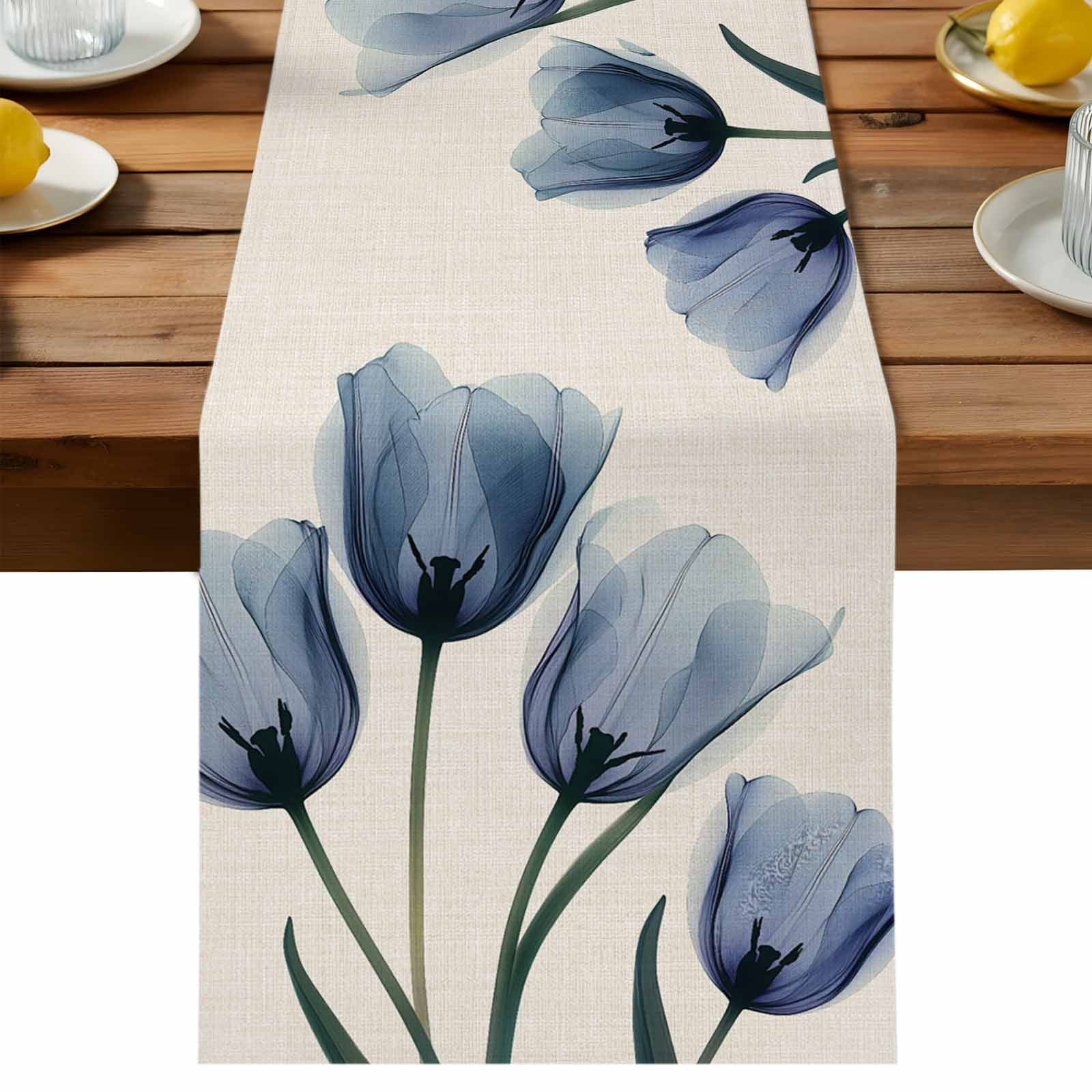 Blue Tulips Table Runner, Flowers Minimalist Modern Art Linen Texture ...
