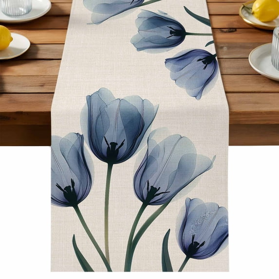 Blue Tulips Table Runner, Flowers Minimalist Modern Art Linen Texture ...
