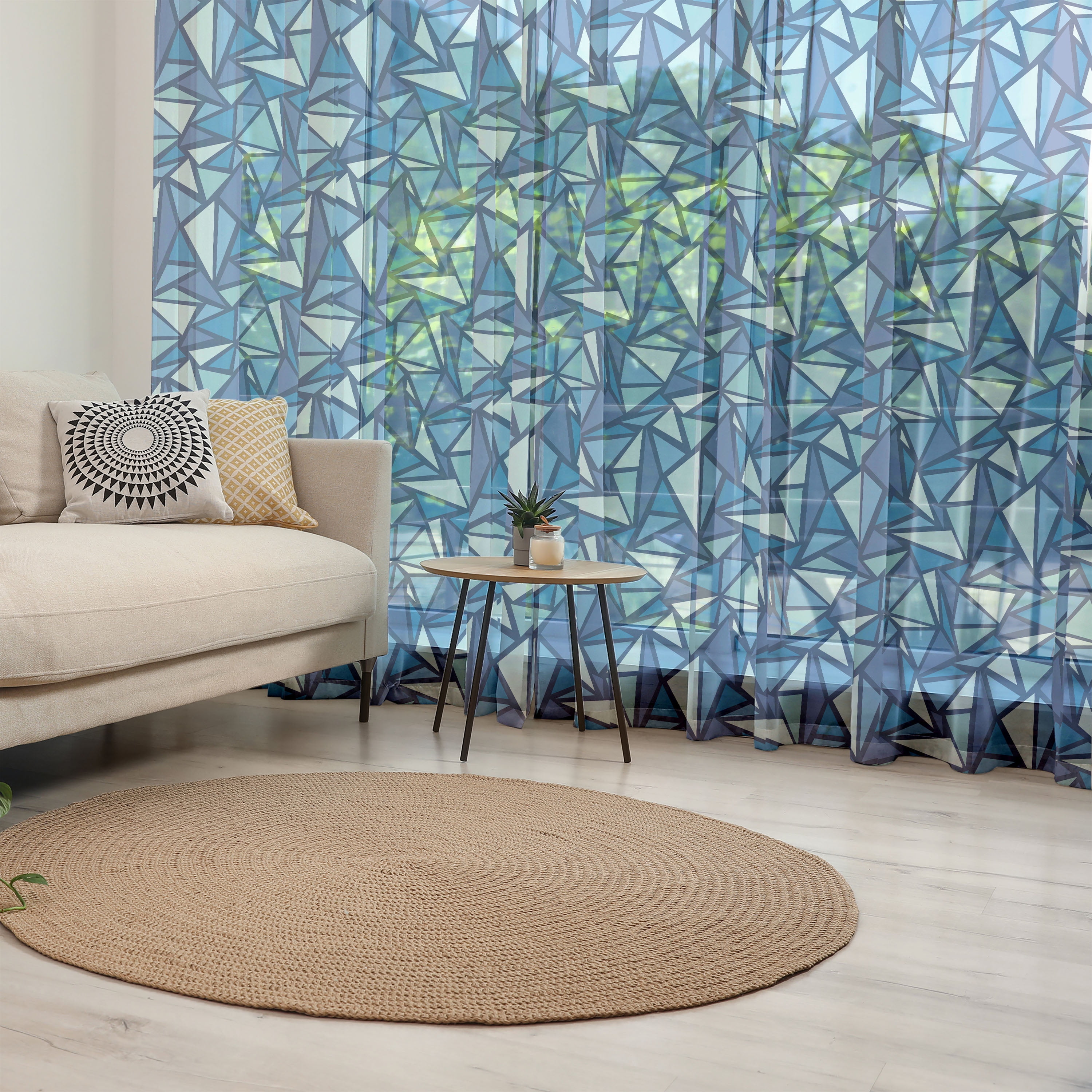 Blue Tulle Curtains with Rod Pocket, Abstract Geometrical Pattern with ...