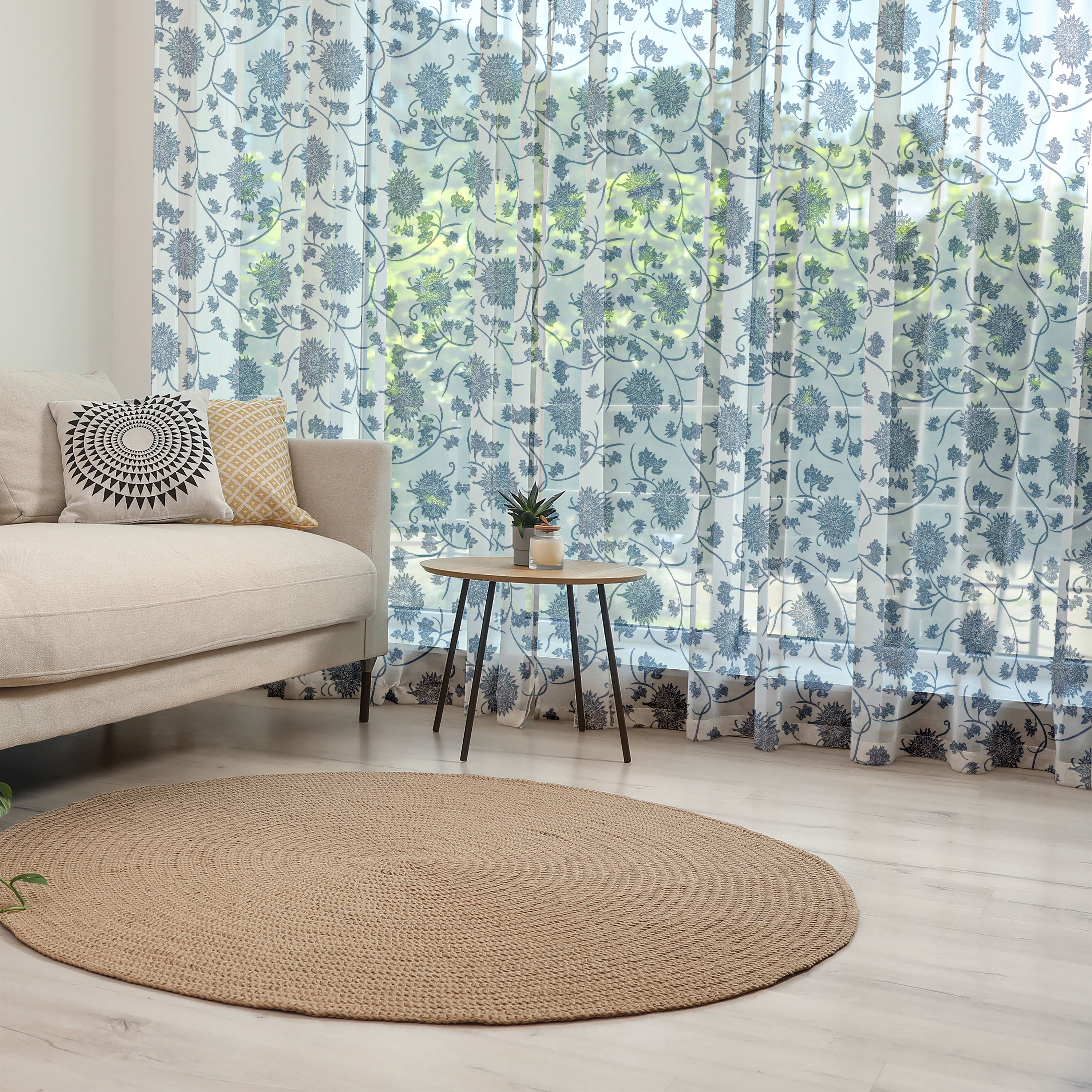 Blue Tulle Curtains with Rod Pocket, Chinese Floral Garden Pattern ...