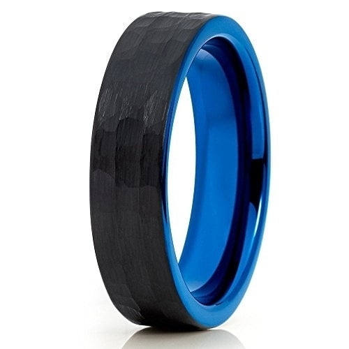 Blue Tungsten Wedding Band Black Tungsten Ring Hammered Finish 6mm Men ...