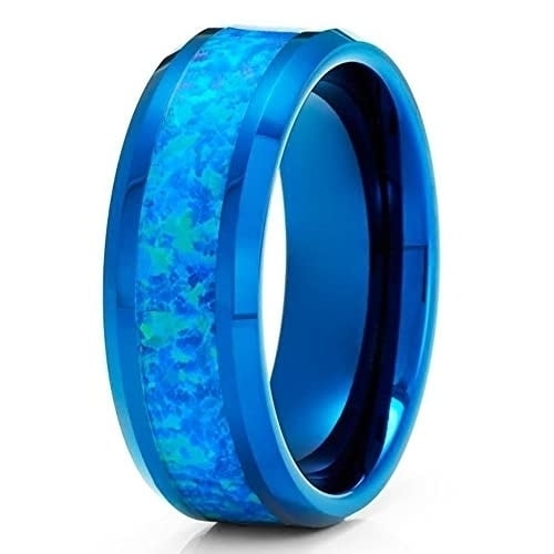 Blue Tungsten Wedding Ring,Blue Opal Wedding Band,Tungsten Wedding Band ...