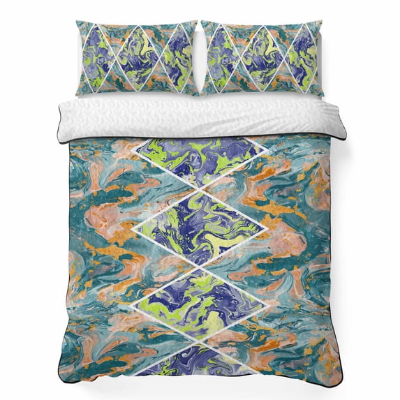 Blue Turquoise 3 Piece Quilt Bedding Set with 2 Pillow Shams, Marble ...