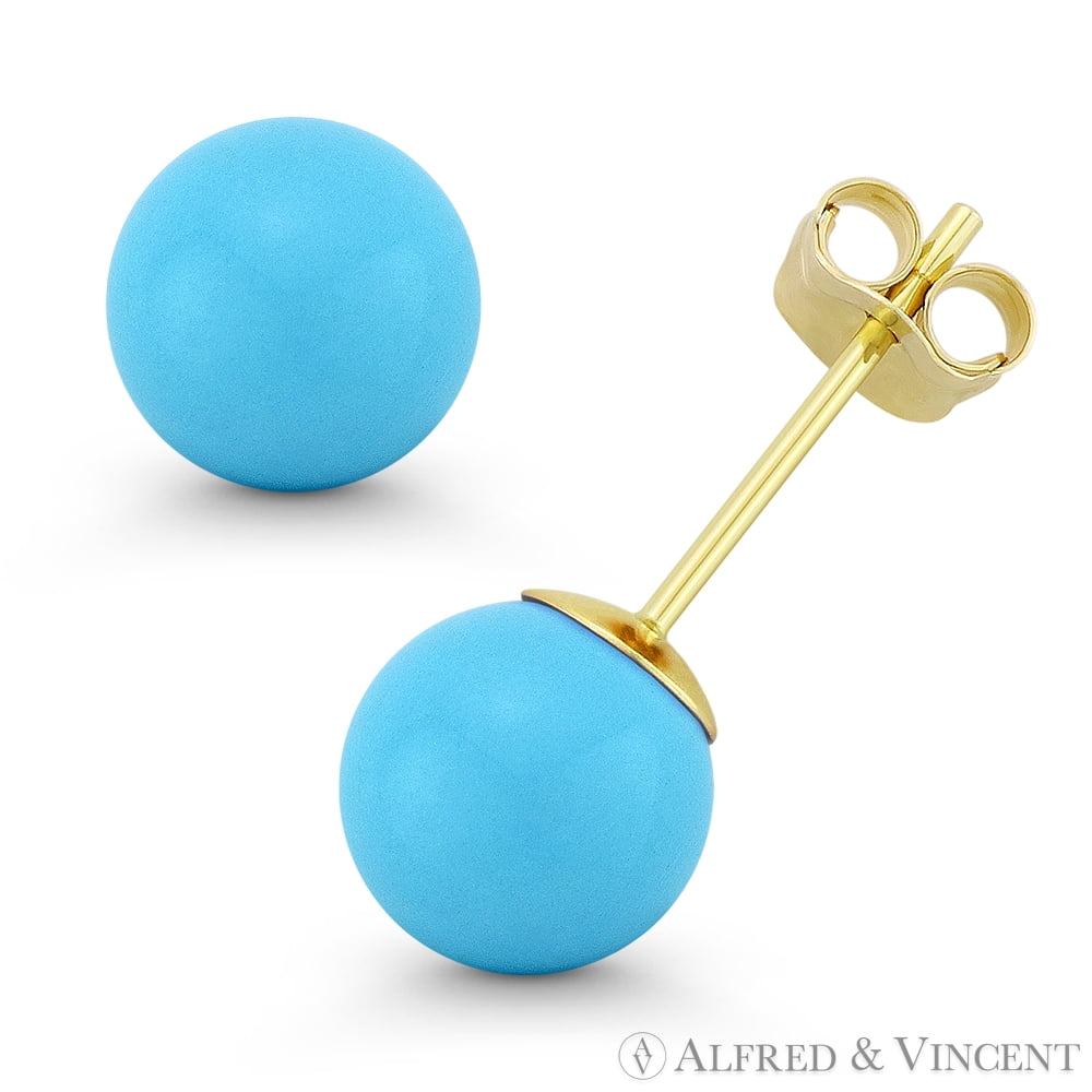 Blue Turquoise Ball Butterfly-Pushback Stud Earrings in 14k Yellow Gold ...