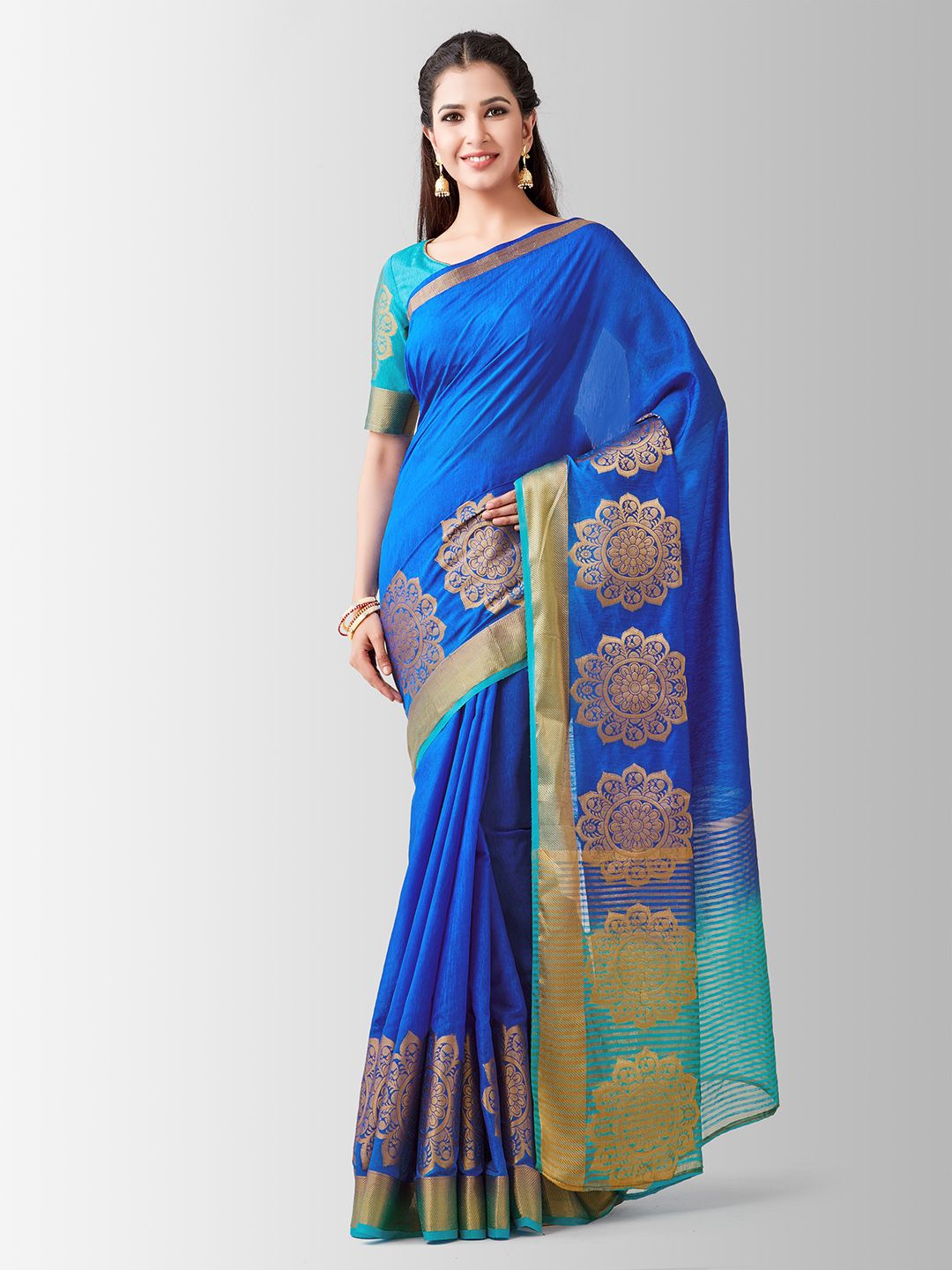 Blue & Turquoise Blue Linen Blend Woven Design Kanjeevaram Saree ...