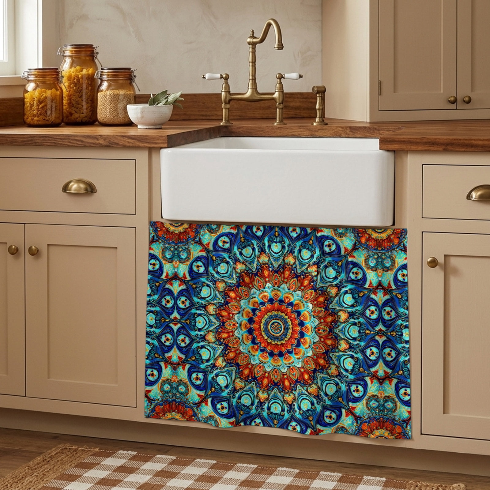 Blue Turquoise Boho Small Cabinet Curtains 11"W x 13"L, Farmhouse ...