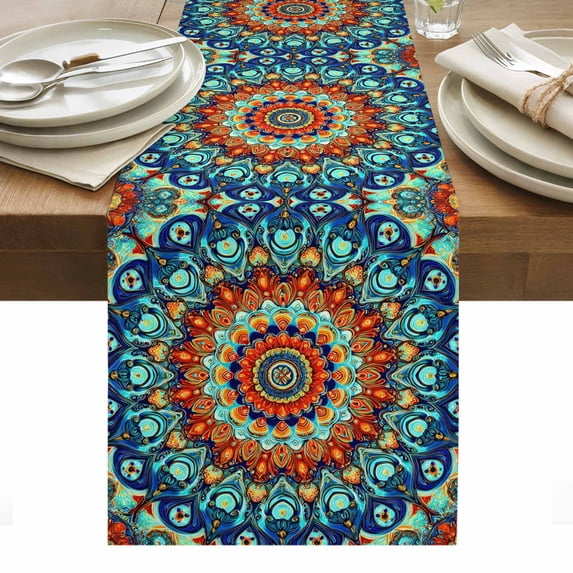 Blue Turquoise Boho Table Runner Farmhouse Ethnic Abstract Patterned ...