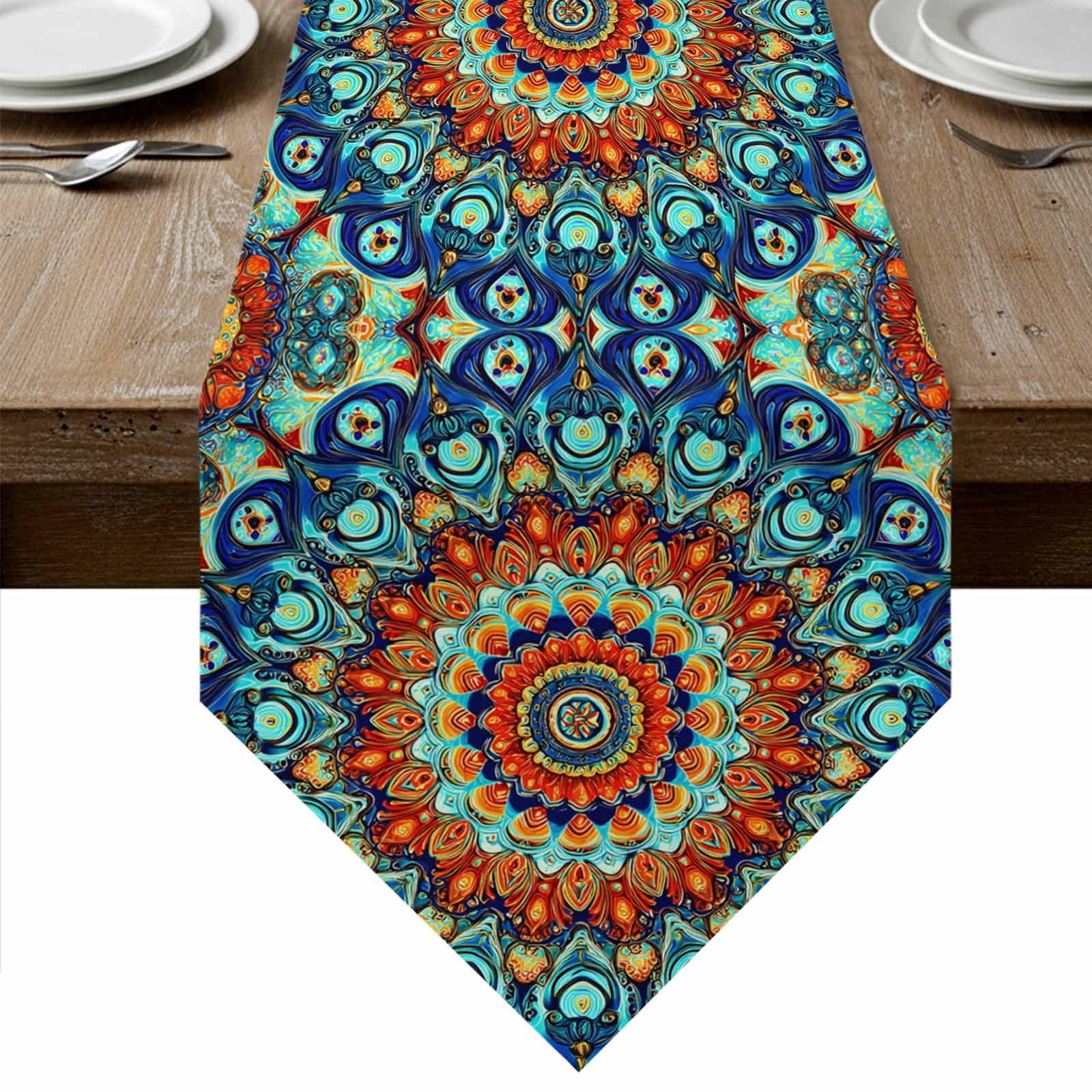Blue Turquoise Boho Table Runner Linen Burlap Table Runner 90 Inches ...