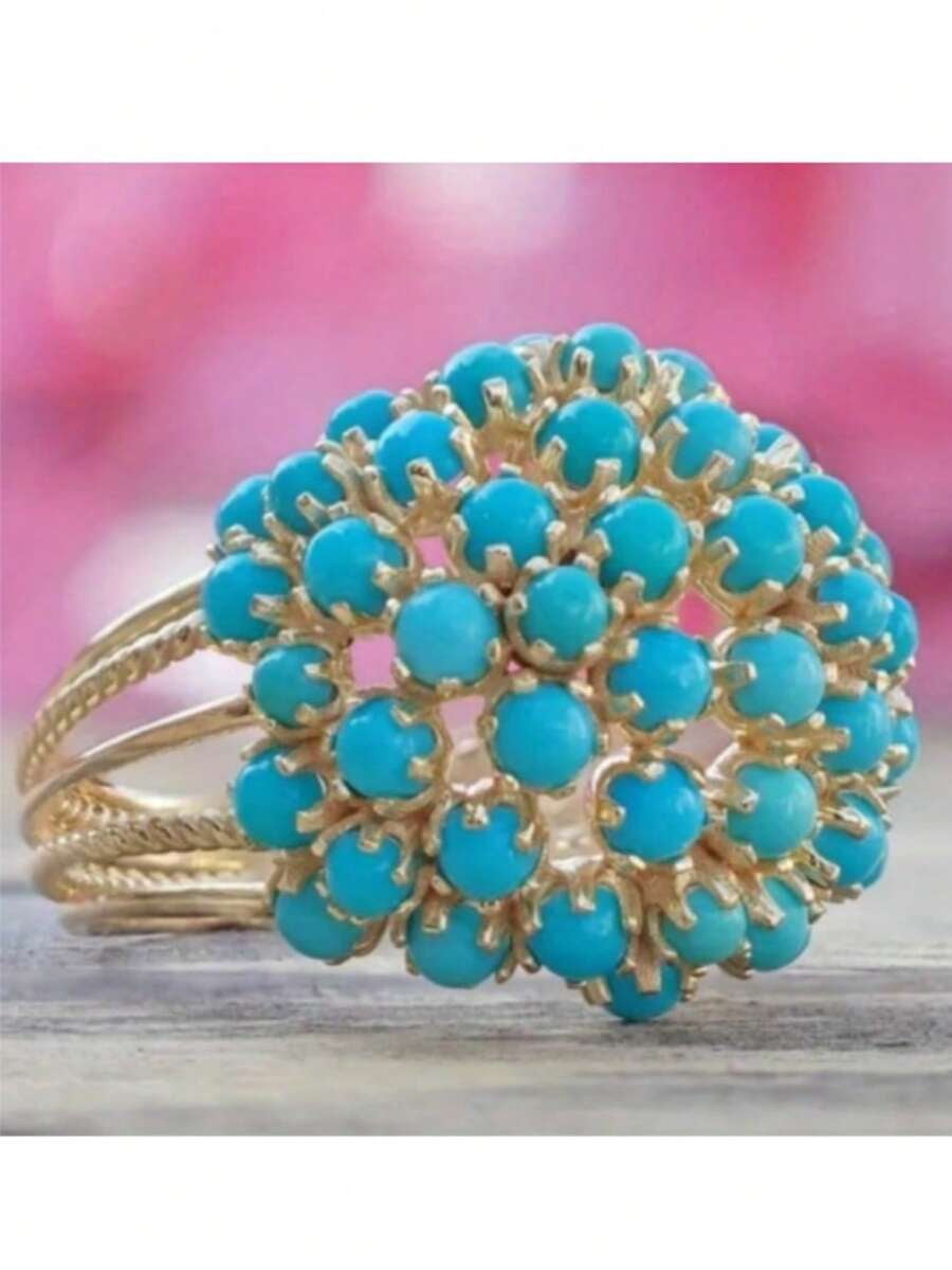 Blue Turquoise Floral Cluster Ring With Goldtone Metal, Adjustable ...