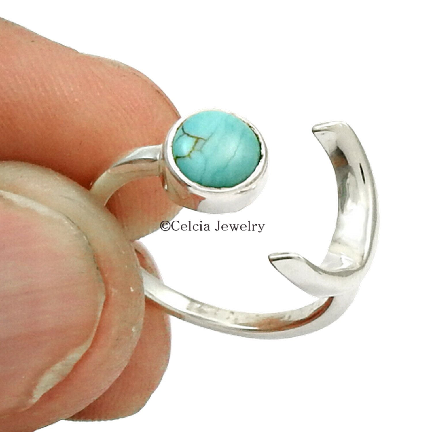 Blue Turquoise Gemstone Round Ring, Moon Design Jewelry, Adjustable ...