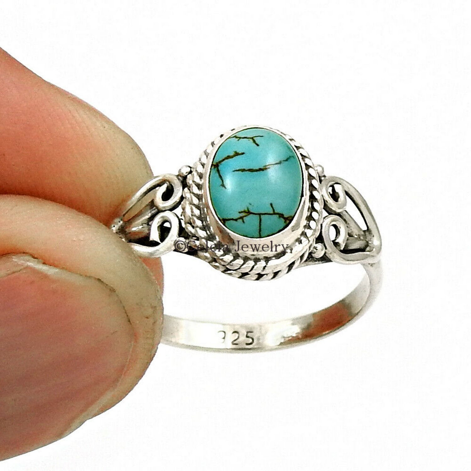 Blue Turquoise Natural Gemstone Ring, Solid 925 Sterling Silver ...