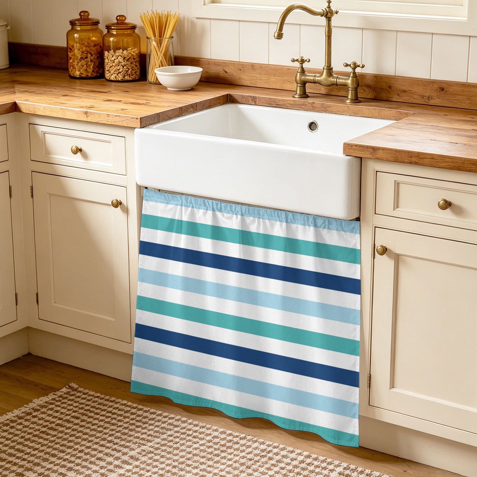 Blue Turquoise Navy Striped Cabinet Curtain, Modern Minimalist Abstract ...