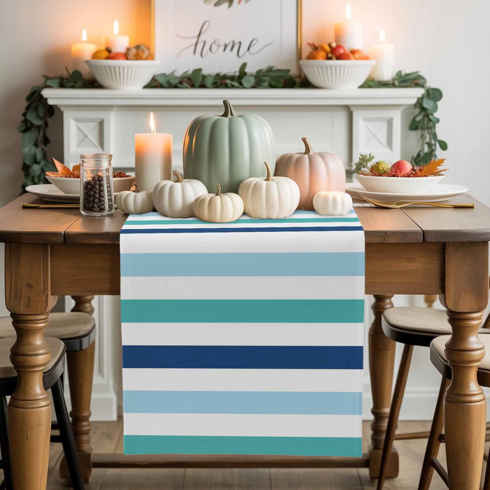 Blue Turquoise Navy Striped Cotton Linen Table Runner, Washable Table ...