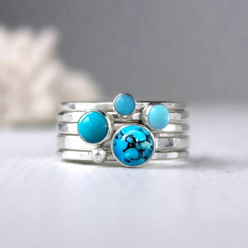 Blue Turquoise Stacking Rings, Hammered Silver Stacking Rings, Set of 5 Stackable Rings, Rings ...