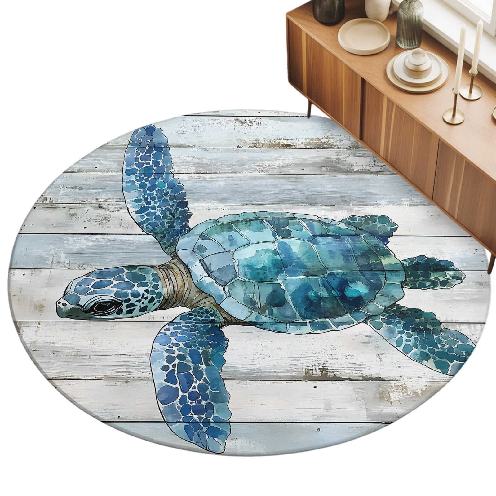 Blue Turtle Area Rugs 5' (Round) Vintage Wood Grain Floor Rug Non Slip ...