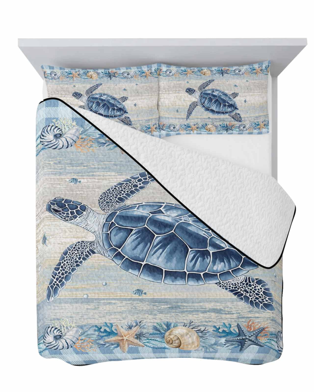 Blue Turtle Coastal 3 Piece Quilt Set Queen Size, Summer Starfish Beach ...