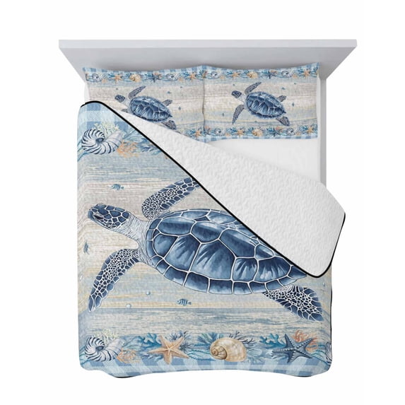 Blue Turtle Coastal 3 Piece Quilt Set Queen Size, Summer Starfish Beach ...