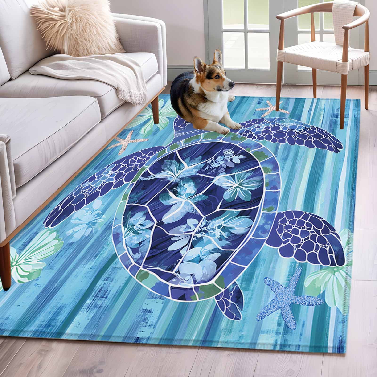 Blue Turtle Coastal Area Rug 3x5 Washable Rug Non Slip Beach Nautical ...