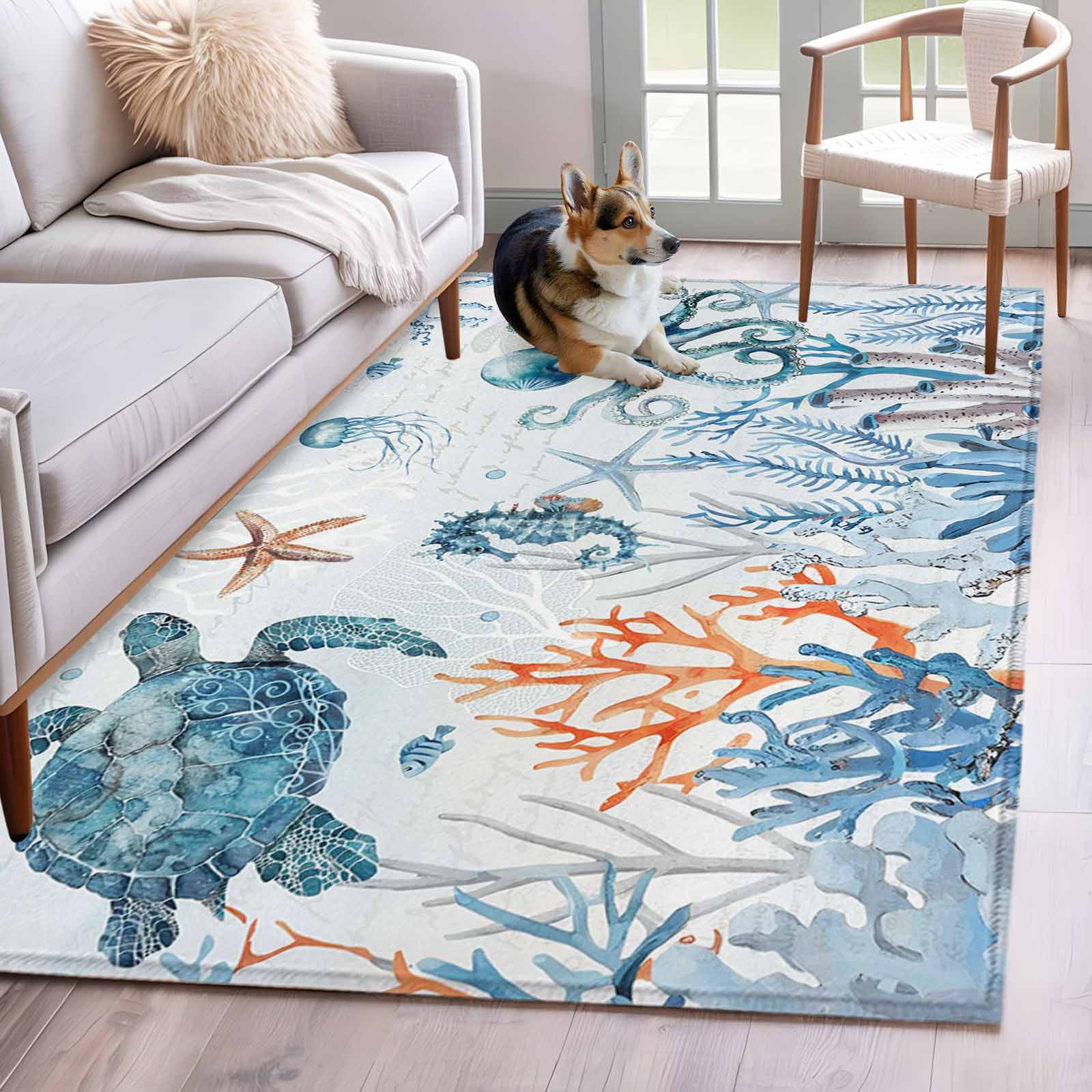 Blue Turtle Coastal Area Rug 4x6 Washable Rug Non Slip Octopus Summer ...