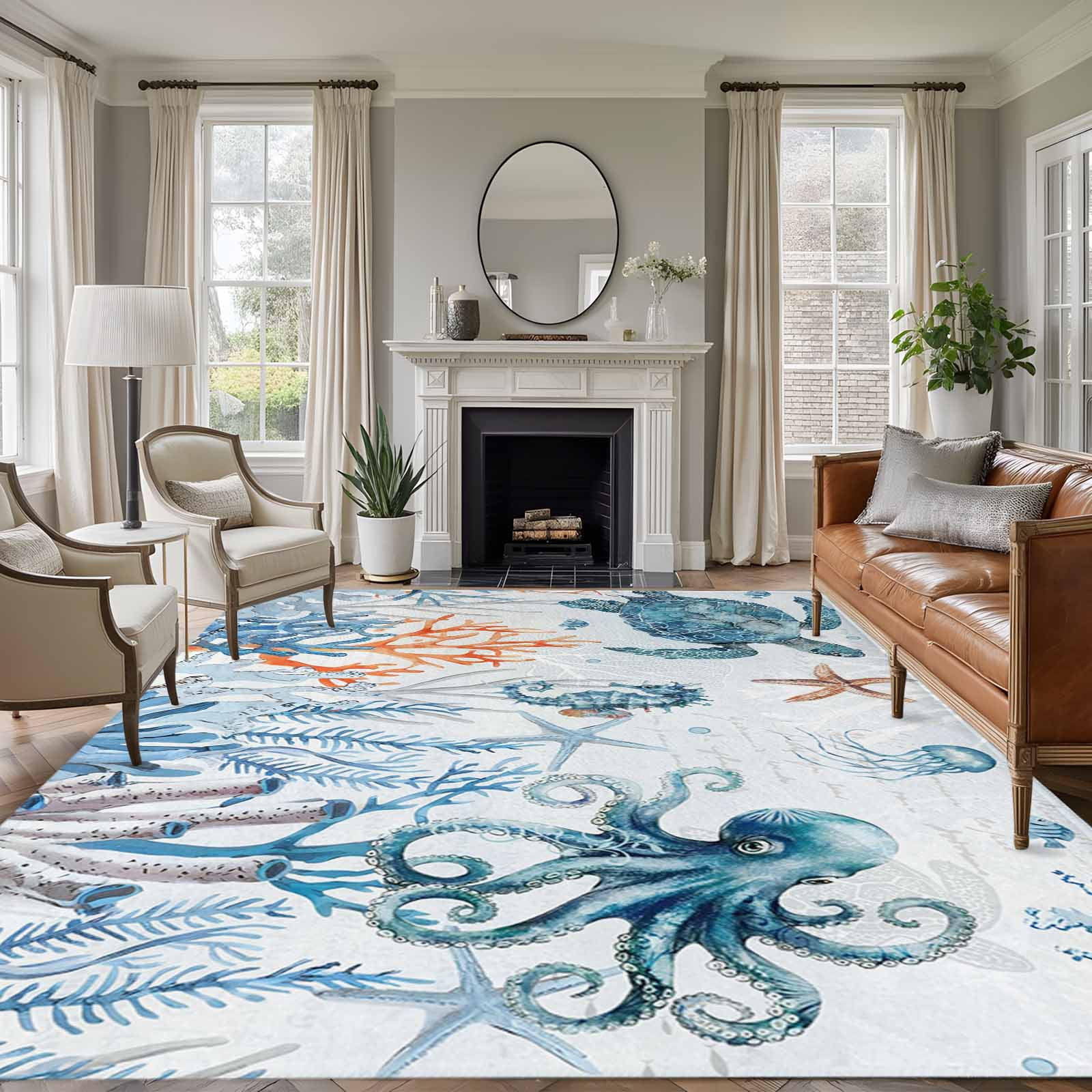 Blue Turtle Coastal Area Rug 5x7 Washable Rug Non Slip Octopus Summer ...