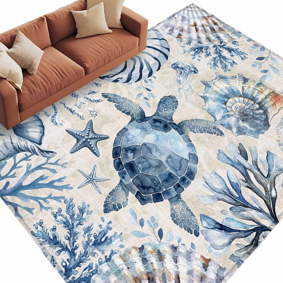 Blue Turtle Coastal Area Rug 8x10 Washable Rug Non Slip Summer Beach ...