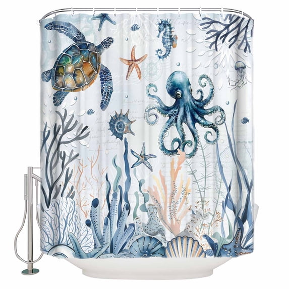 Blue Turtle Coastal Bathroom Shower Curtains with 12 Hooks Polyester ...