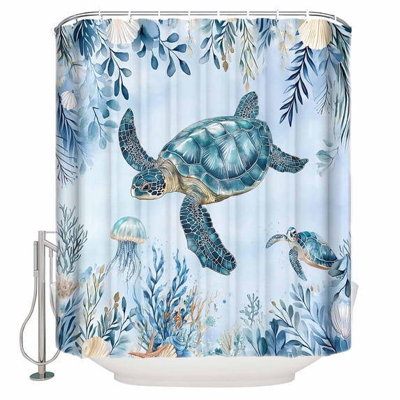 Blue Turtle Coastal Bathroom Shower Curtains with 12 Hooks Polyester ...