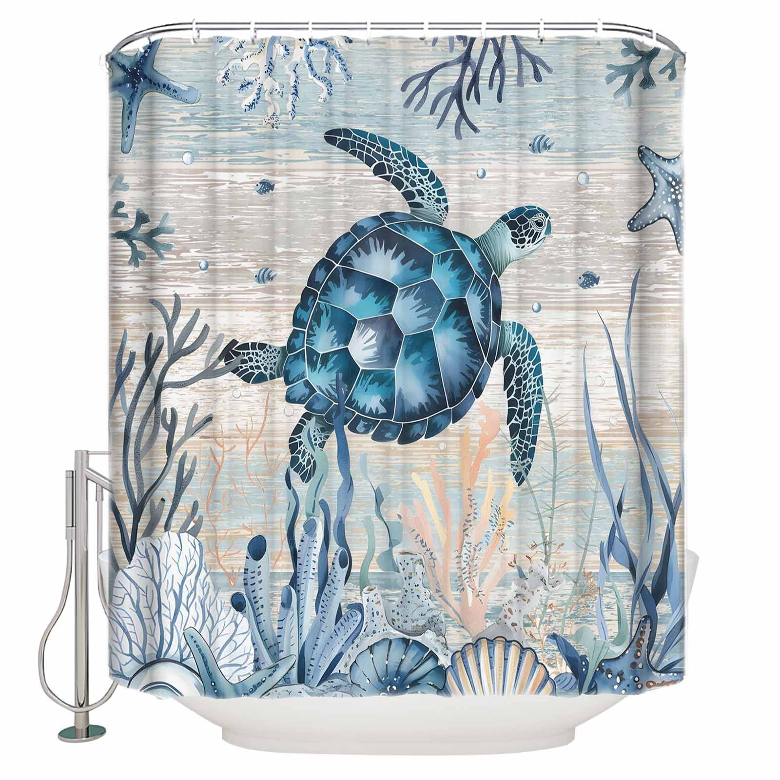 Blue Turtle Coastal Bathroom Shower Curtains with 12 Hooks Polyester ...