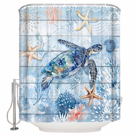 Blue Turtle Coastal Bathroom Shower Curtains with 12 Hooks Polyester ...
