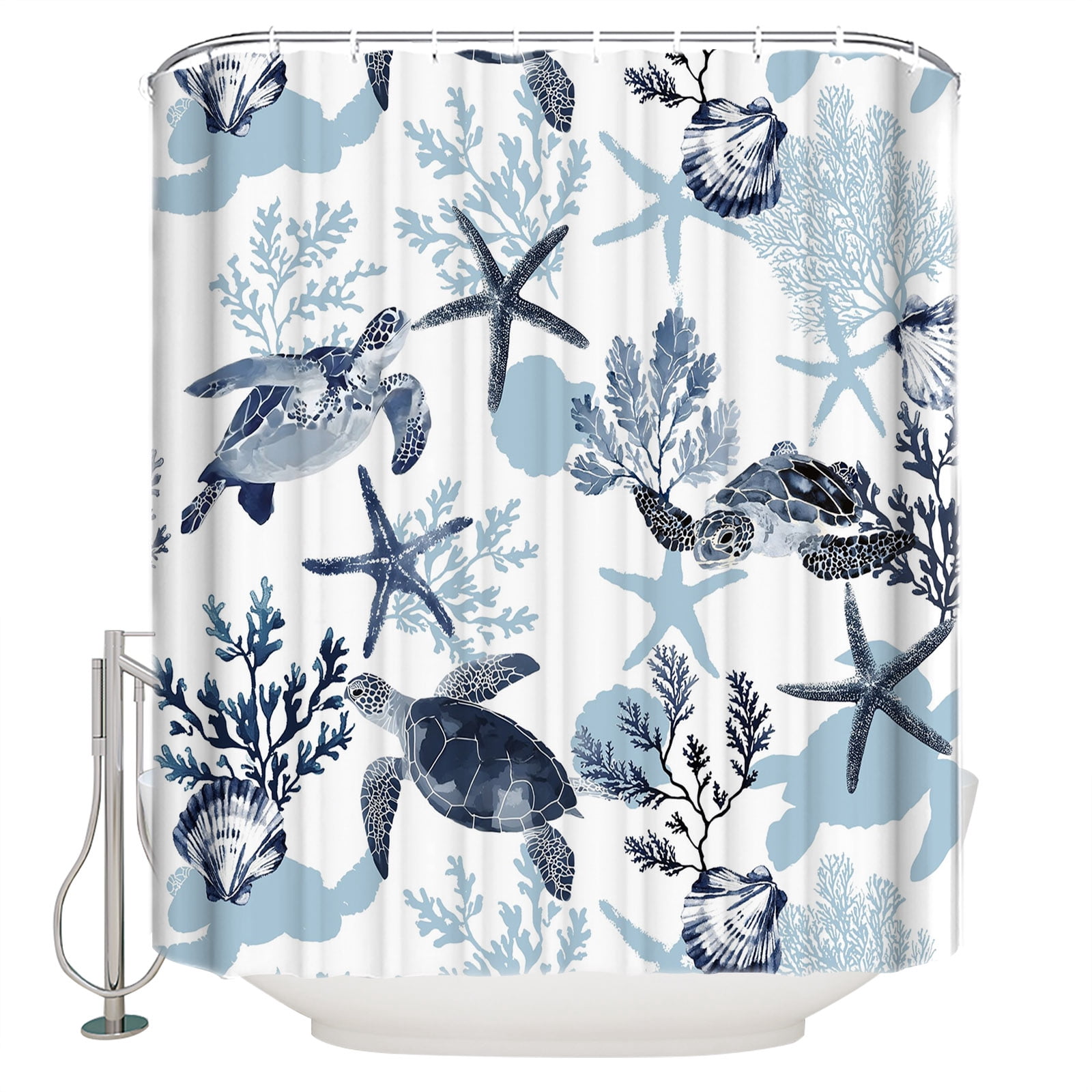 Blue Turtle Coastal Bathroom Shower Curtains with 12 Hooks Waterproof ...