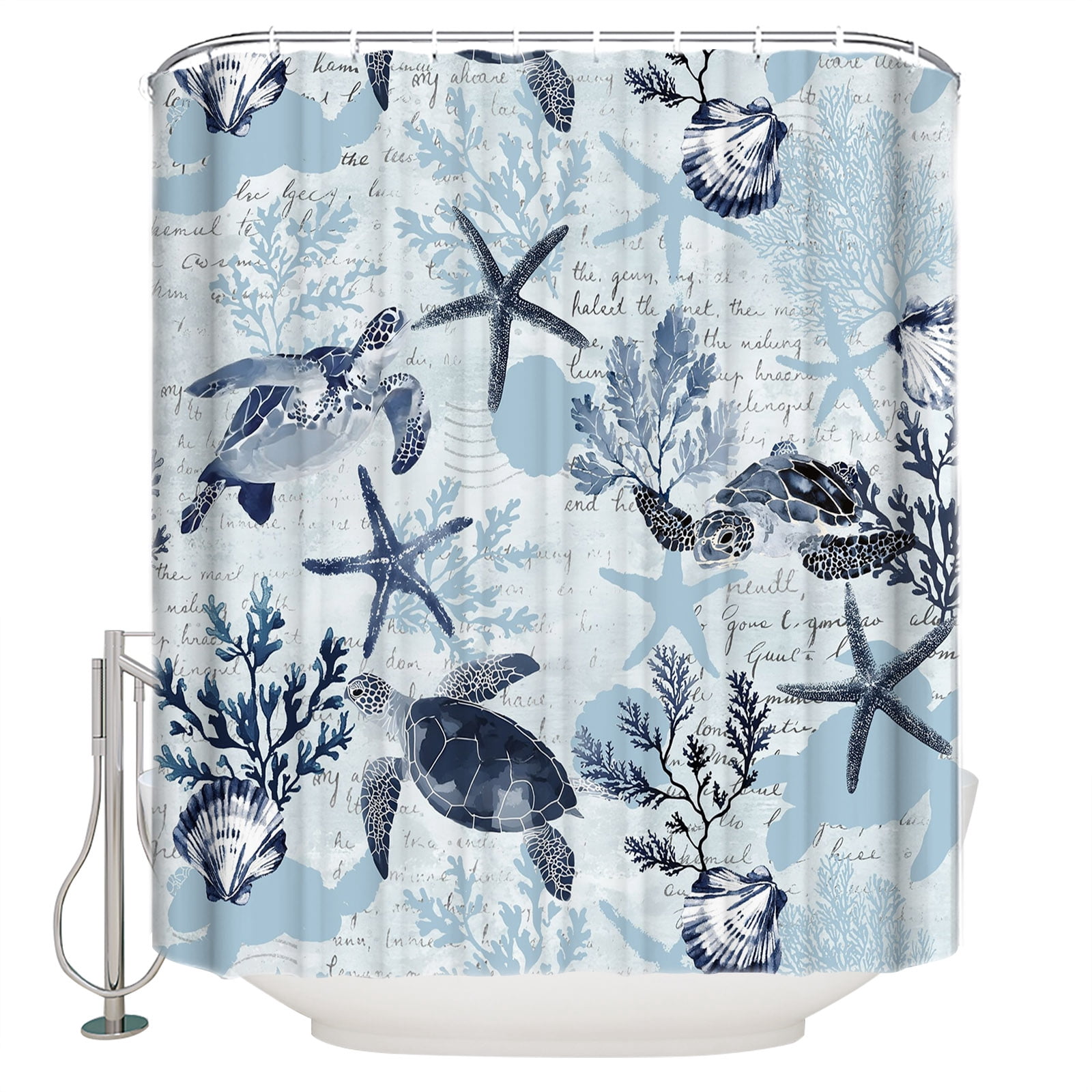 Blue Turtle Coastal Bathroom Shower Curtains with 12 Hooks Waterproof ...