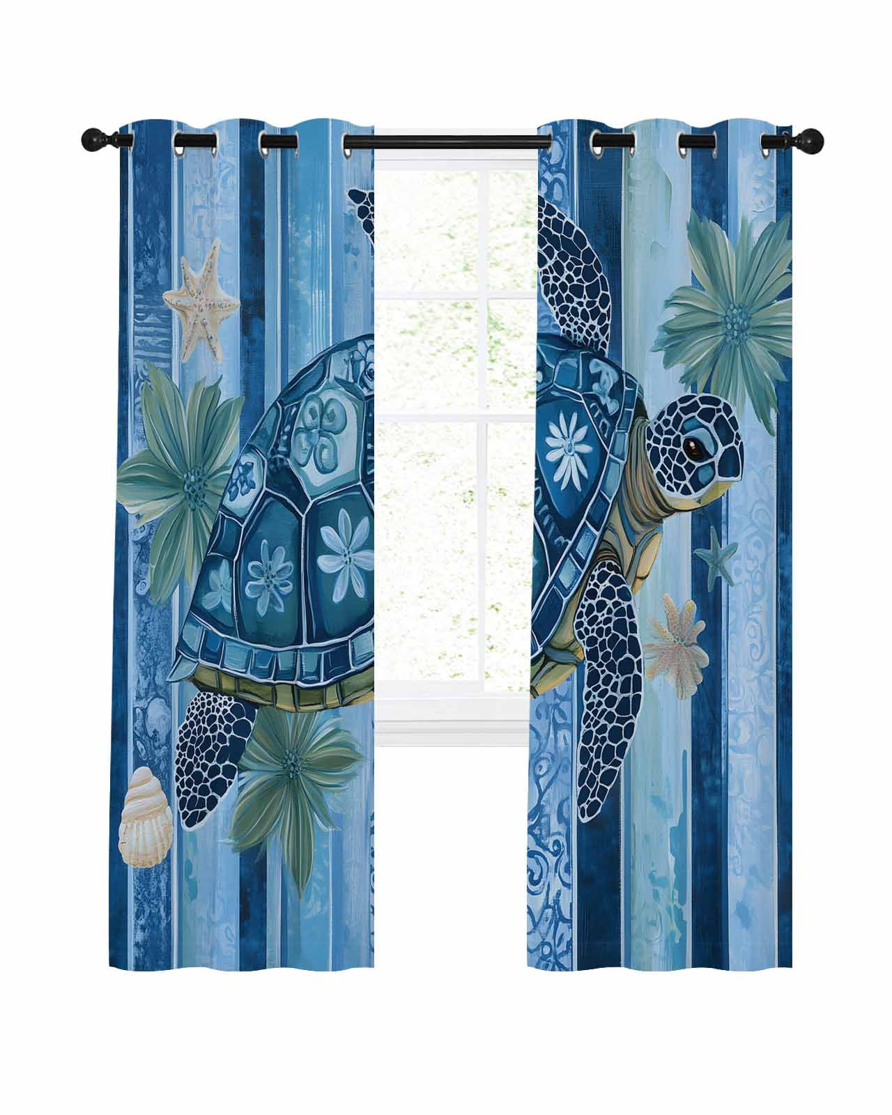 Blue Turtle Coastal Blackout Curtains, Light Blocking Print Window ...
