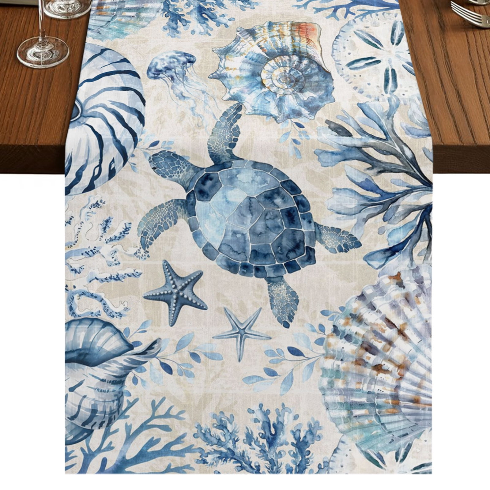 Blue Turtle Coastal Burlap Cotton Table Runner 13x48 Inches Long ...