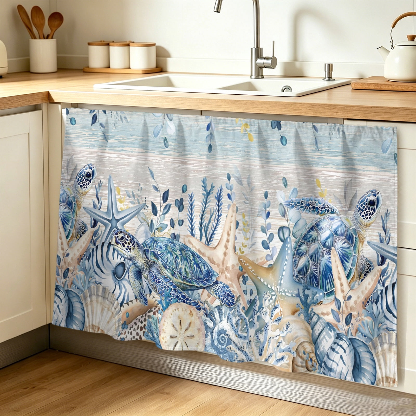 Blue Turtle Coastal Cabinet Curtain 28"W x 51"L, Beach Coral Nautical ...
