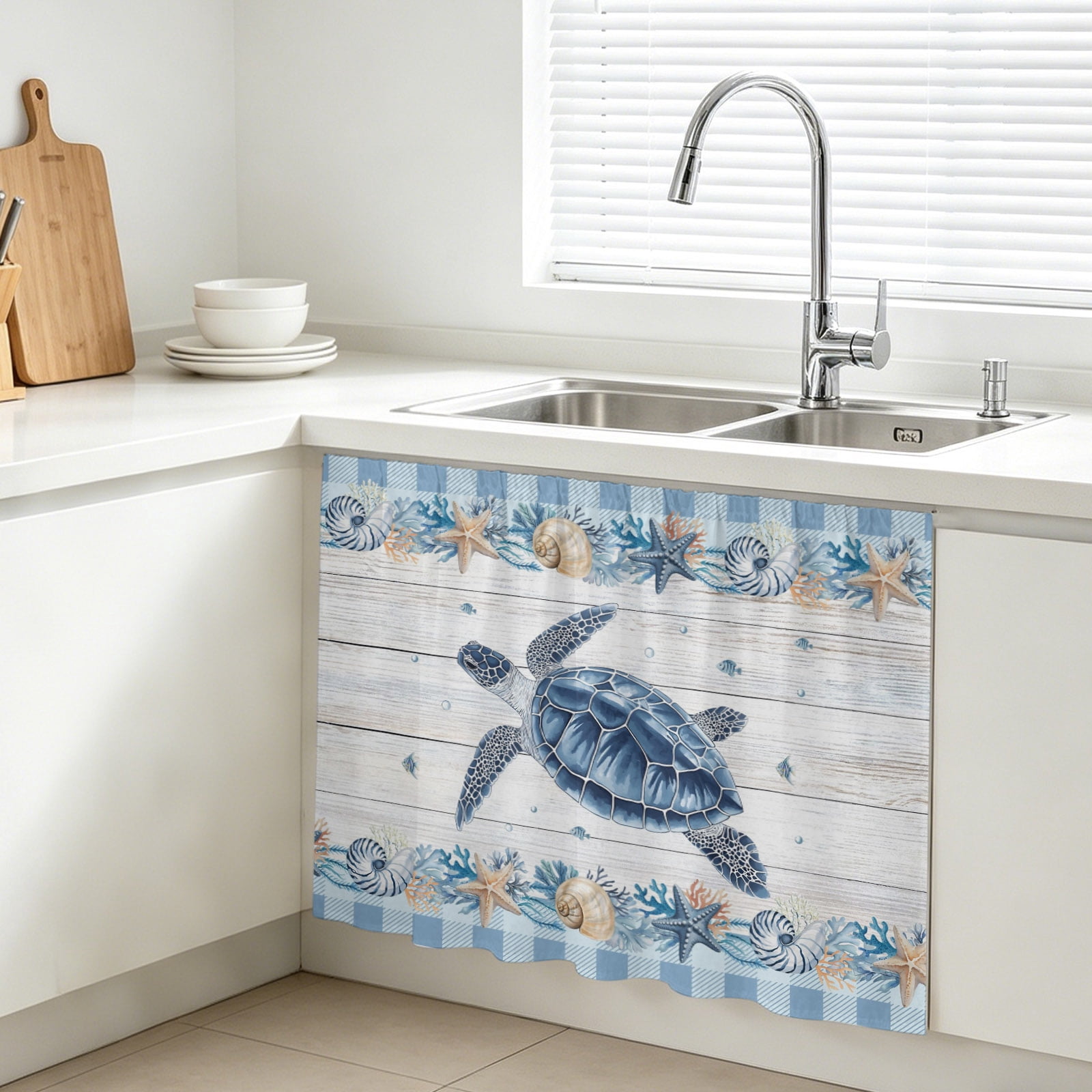 Blue Turtle Coastal Cabinet Curtains for Kitchen 10"W x 11"L, Summer ...