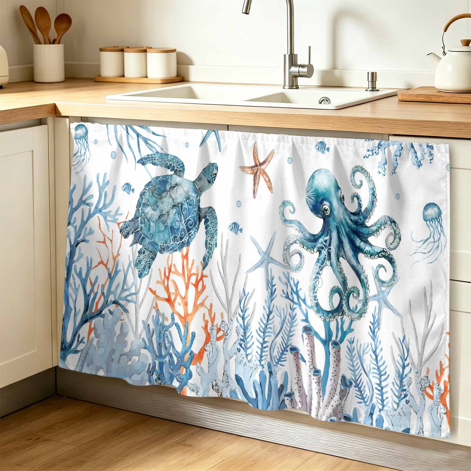 Blue Turtle Coastal Cabinet Curtains for Shelves, Octopus Summer Beach ...