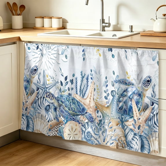 Blue Turtle Coastal Cabinet Curtains for Shelves, Summer Beach Coral ...