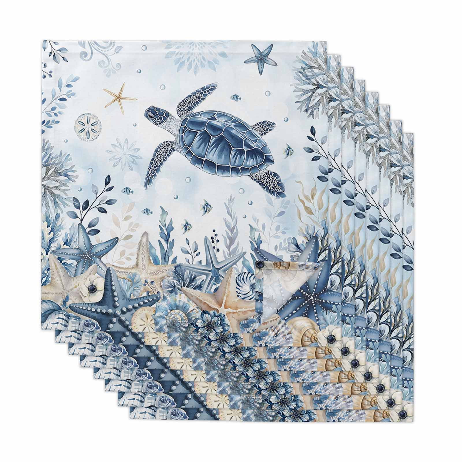 Blue Turtle Coastal Cloth Napkins, Beach Starfish Nautical Coral ...