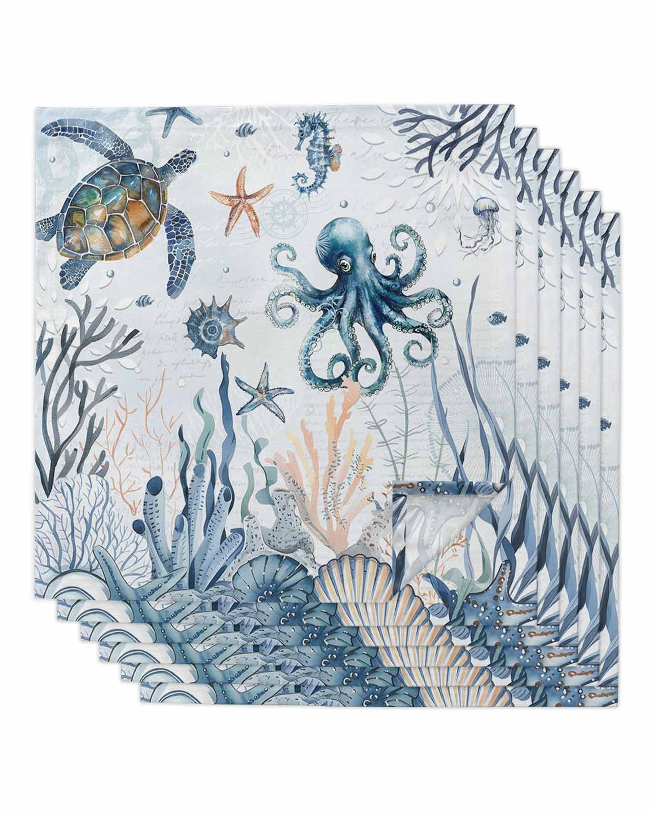 Blue Turtle Coastal Cloth Napkins Set of 6 Reusable Dinner Napkins ...