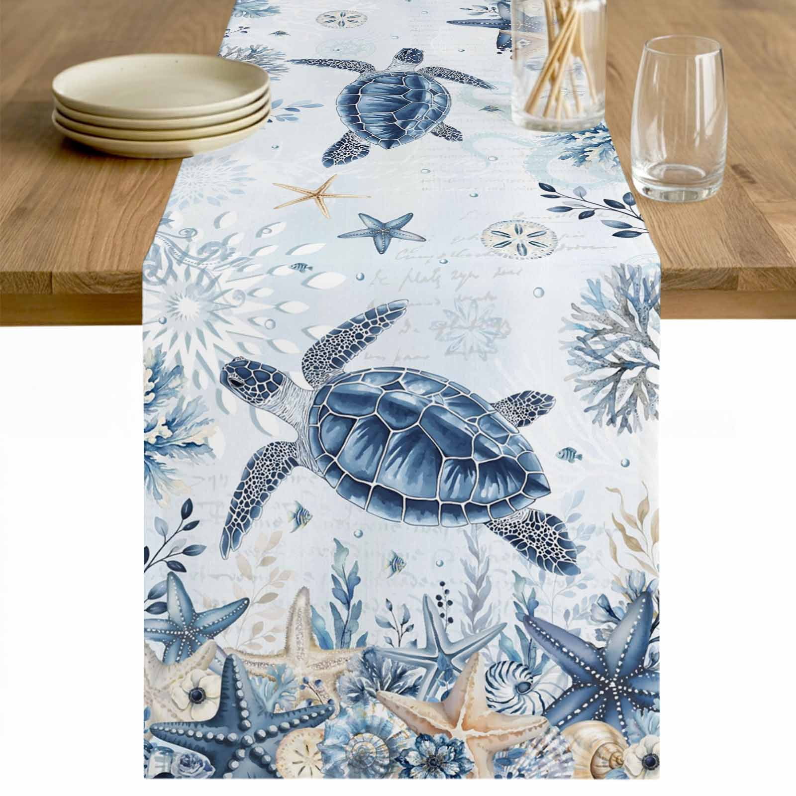 Blue Turtle Coastal Cotton Linen Rectangle Table Runners 13"x108 ...