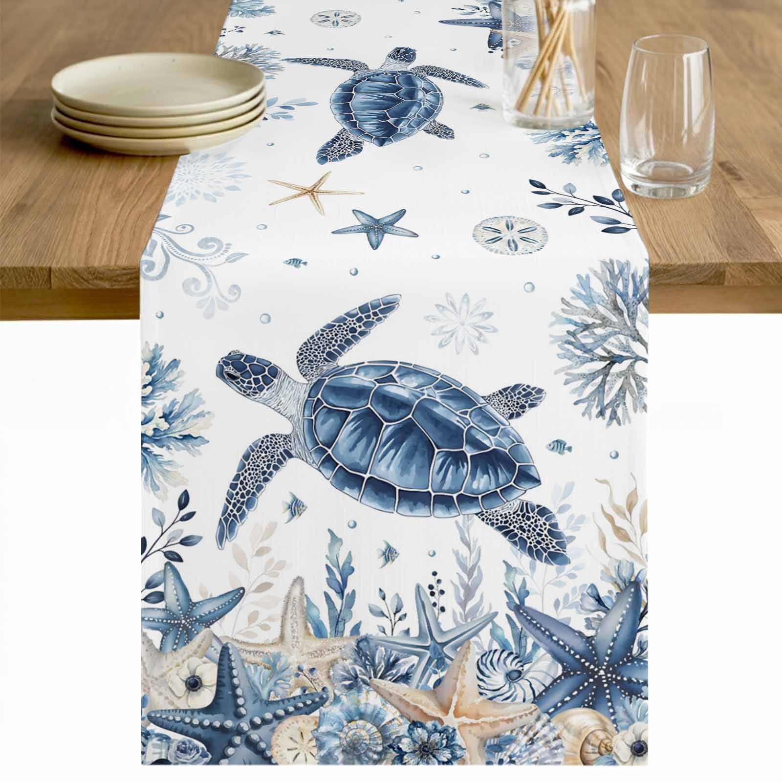 Blue Turtle Coastal Cotton Linen Rectangle Table Runners 13"x60", Beach ...