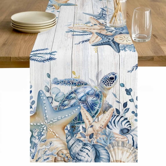 Blue Turtle Coastal Cotton Linen Rectangle Table Runners 13"x70", Beach ...
