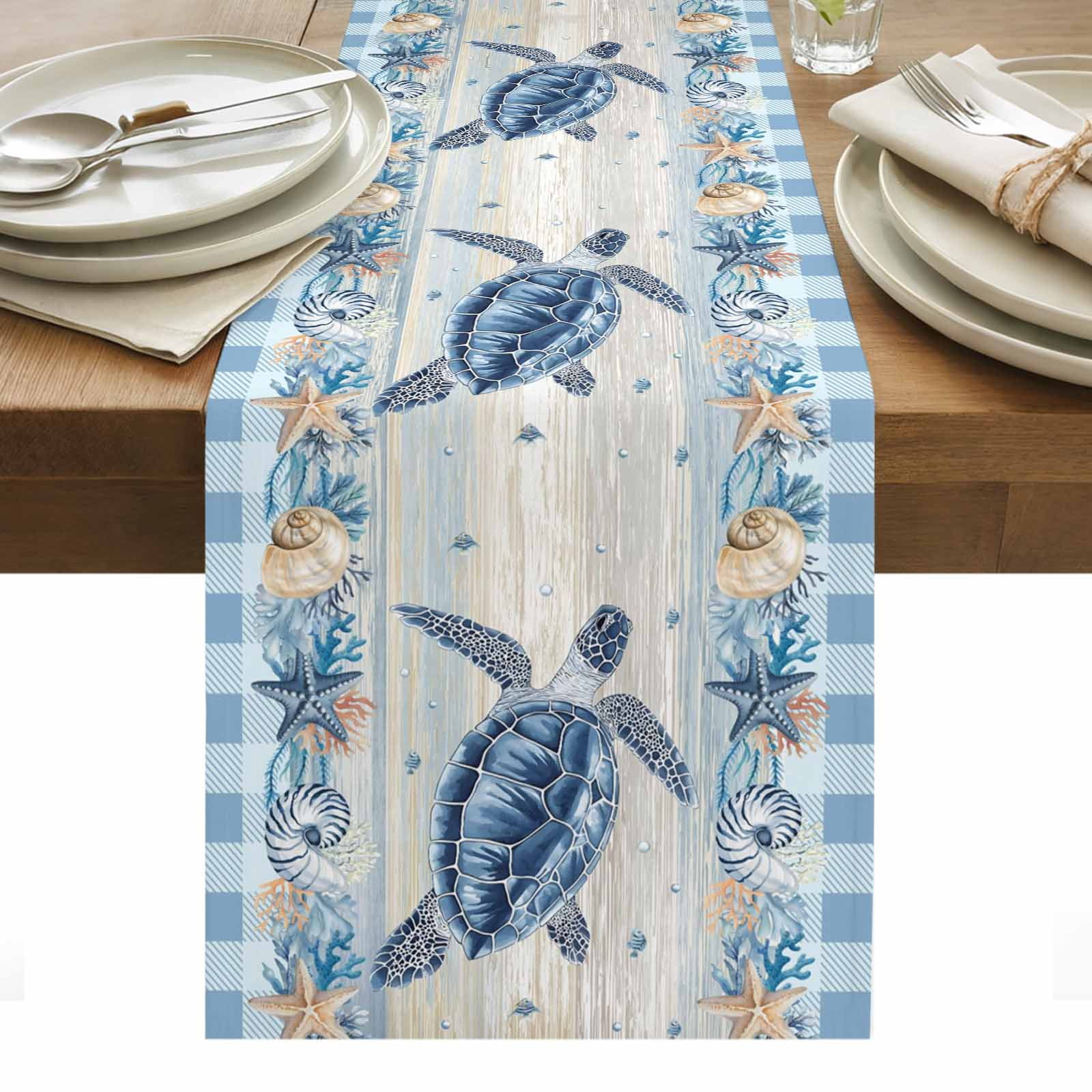 Blue Turtle Coastal Cotton Linen Table Runner Summer Starfish Beach ...