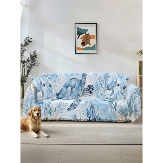 Blue Turtle Coastal Couch Cover for 2 Cushion Sofa, Coral Beach ...