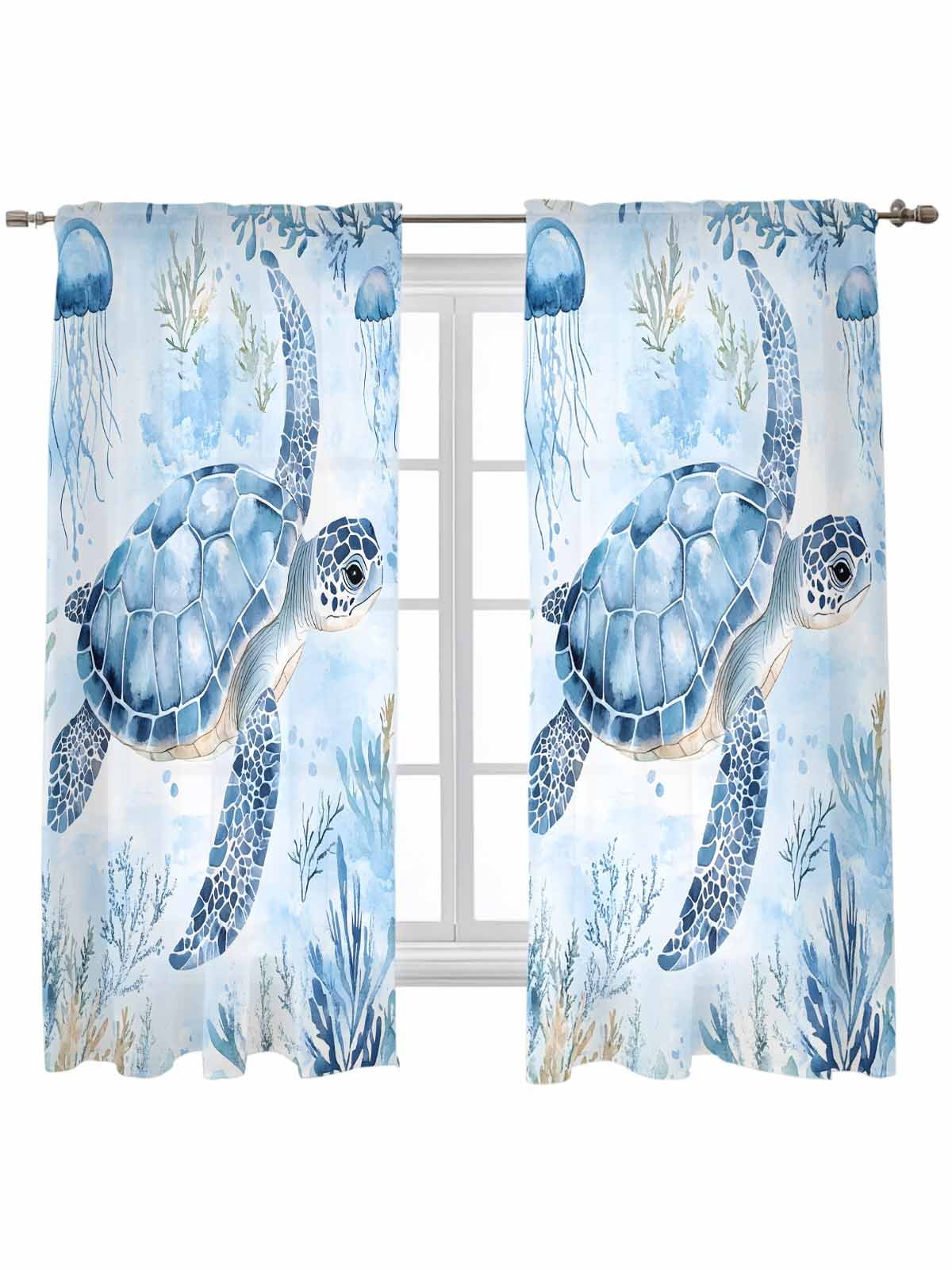 Blue Turtle Coastal Curtains 72 Inch Length, Sheer Curtains for Bedroom ...